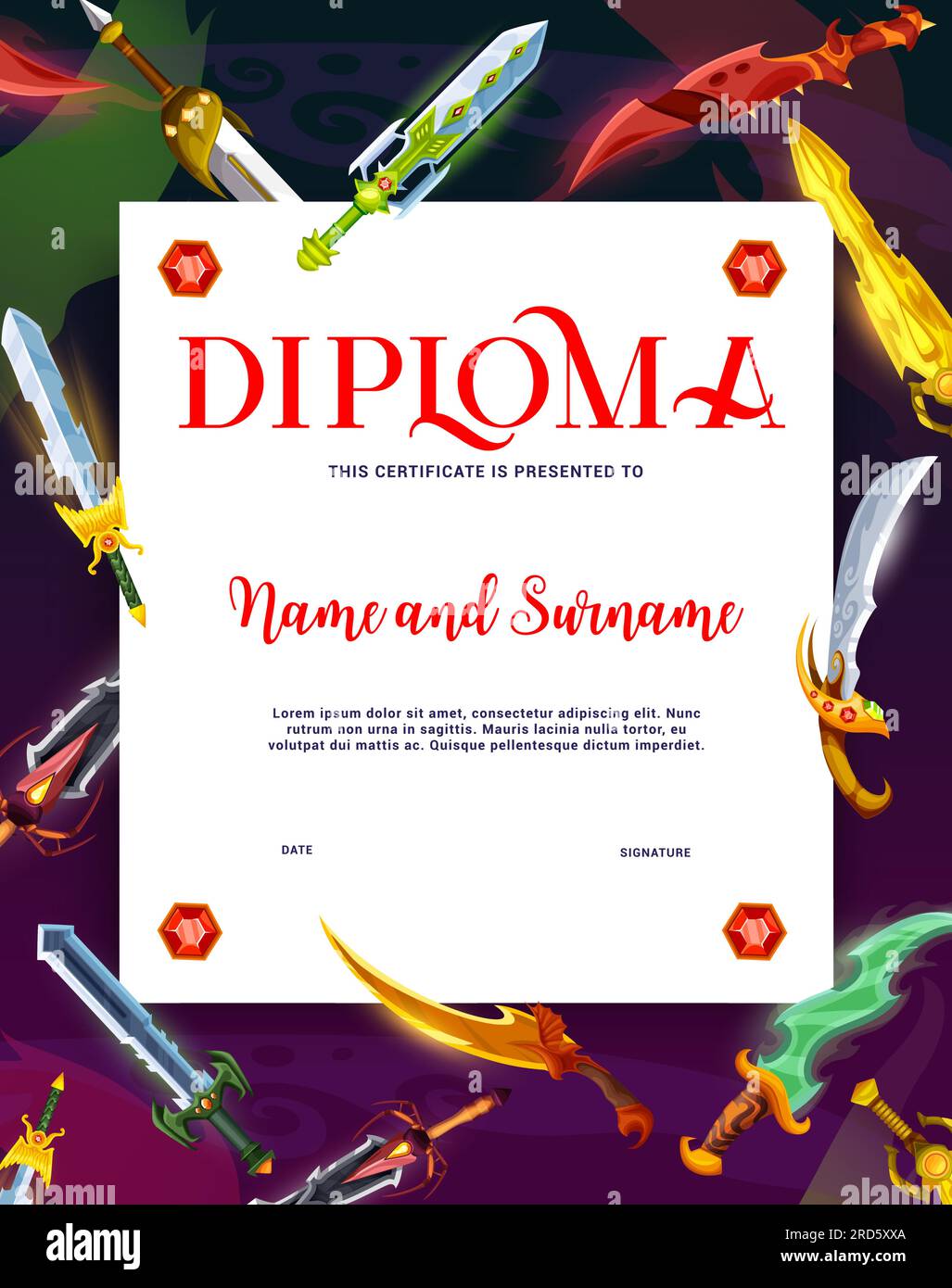 Kids knight diploma with magic swords and blades, education certificate ...