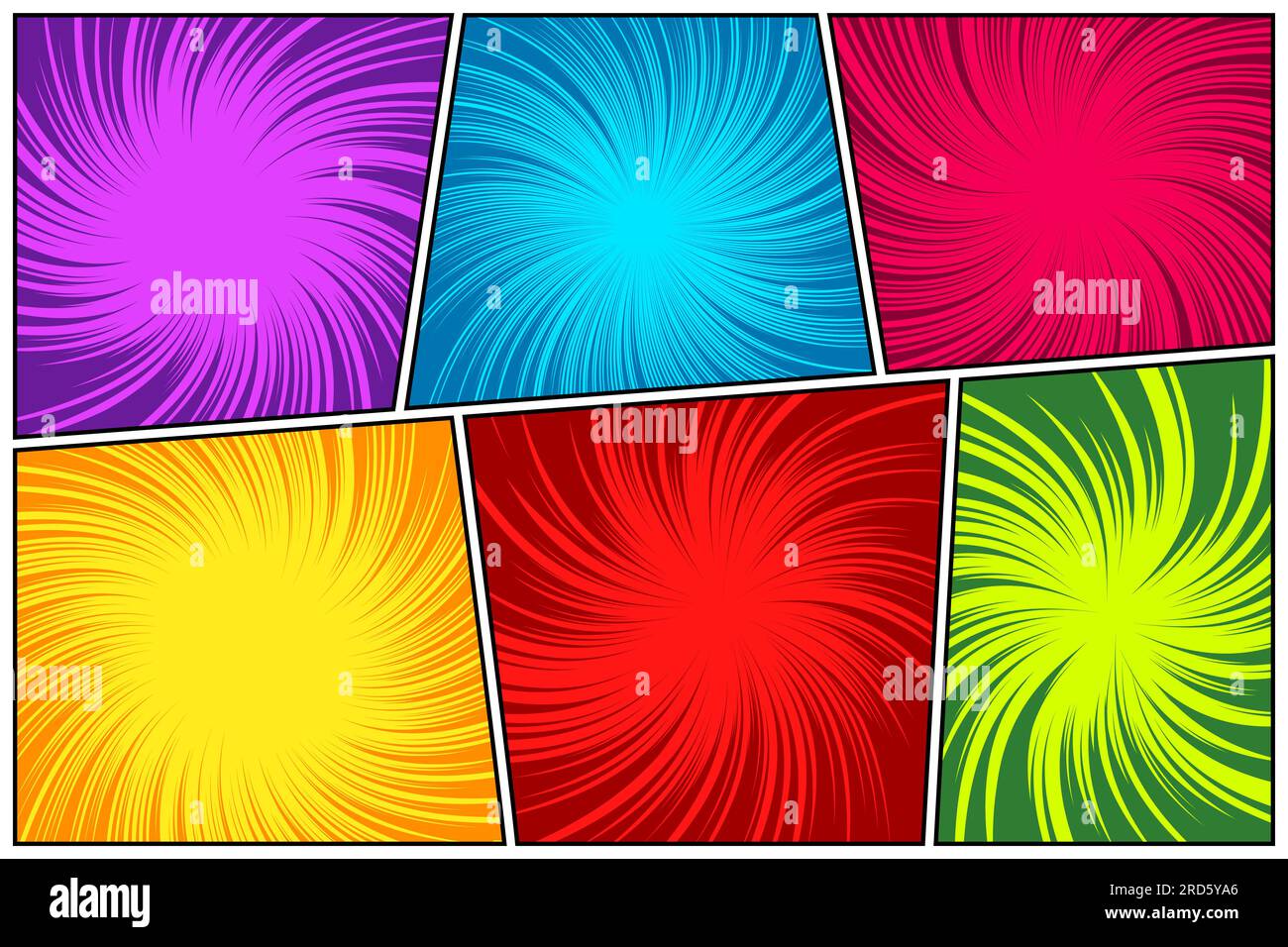 Colorful twisted comic book radial rays, lines. Comics background with ...