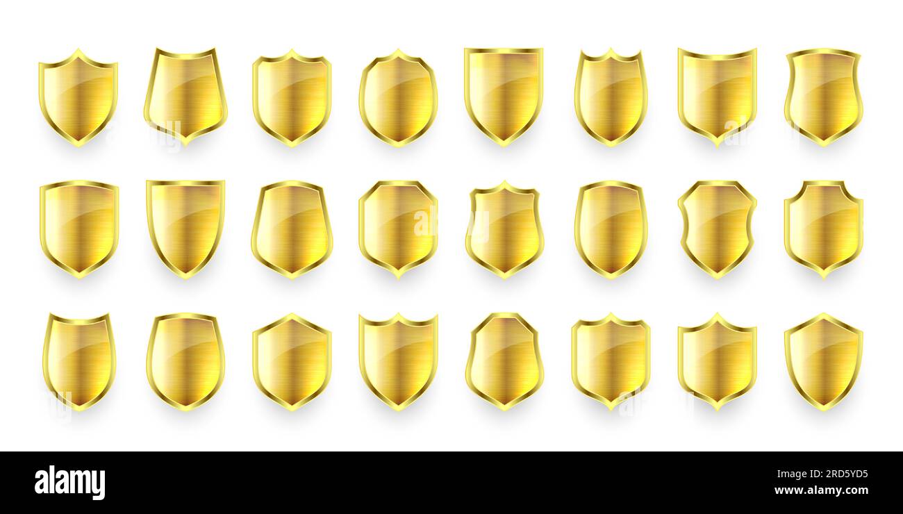 Set of various vintage 3d metal shield icons. Shiny golden heraldic ...