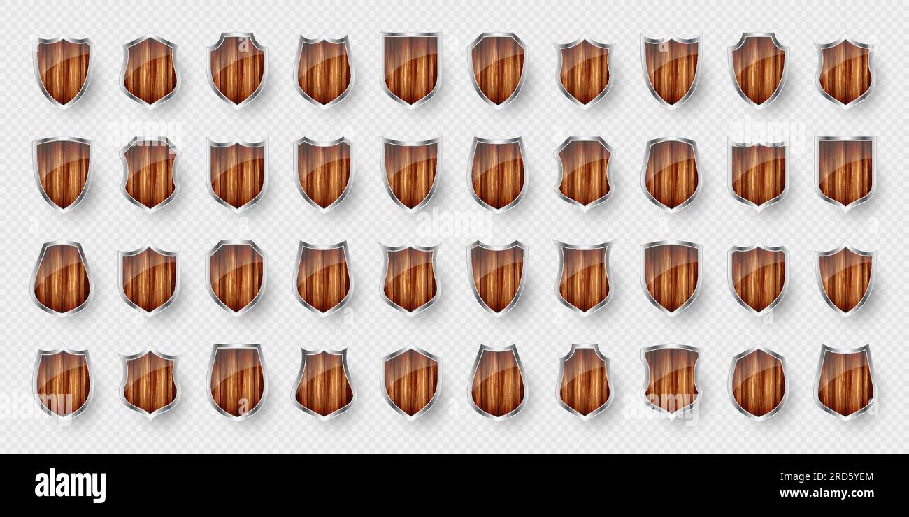 Set of wooden vintage shield icons. Black heraldic shields. Protection ...