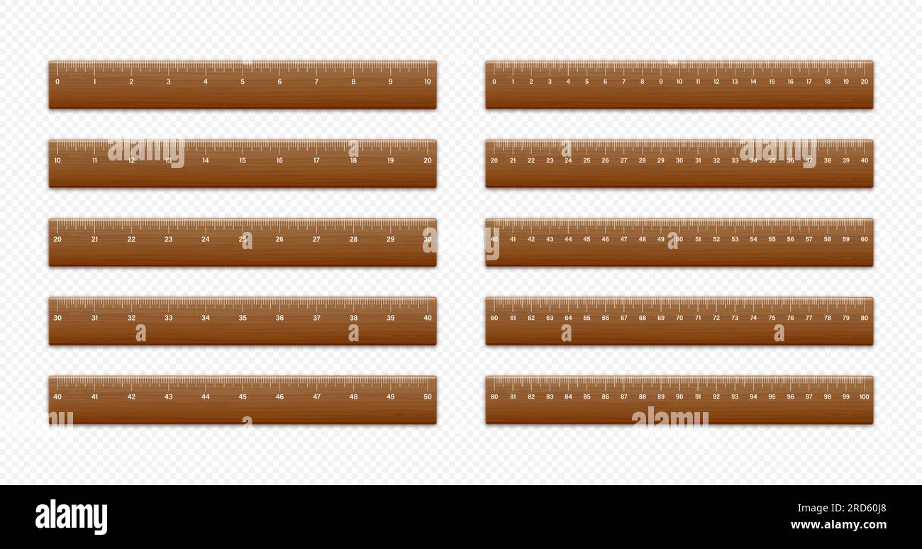 Realistic various wooden rulers with measurement scale and divisions ...