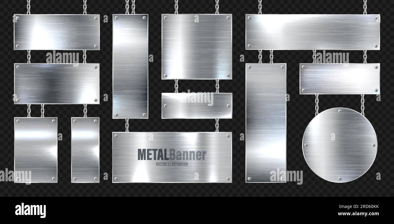 Metal banners hanging on a chain. Realistic shiny steel plate with ...