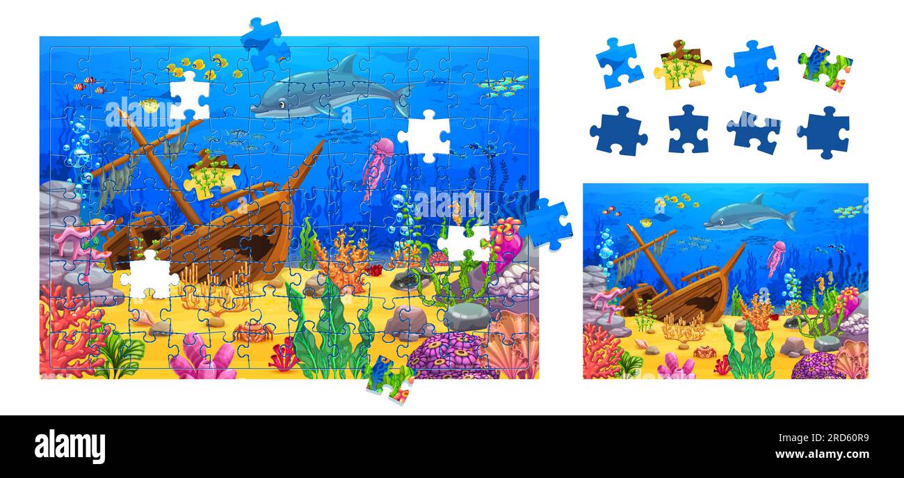 Jigsaw puzzle underwater landscape pieces. Cartoon sea dolphin and fish ...