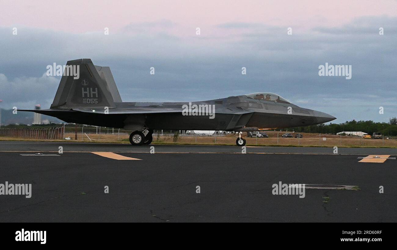An F-22 Raptor taxis down the flight line June 15, 2023, at Joint Base ...