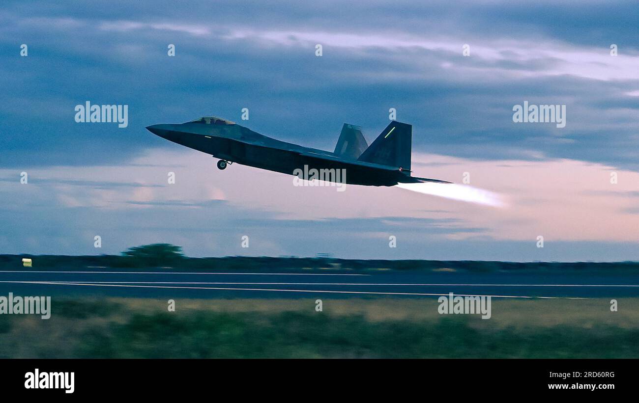 An F-22 Raptor, operated by the 199th and 19th Fighter Squadrons, takes ...