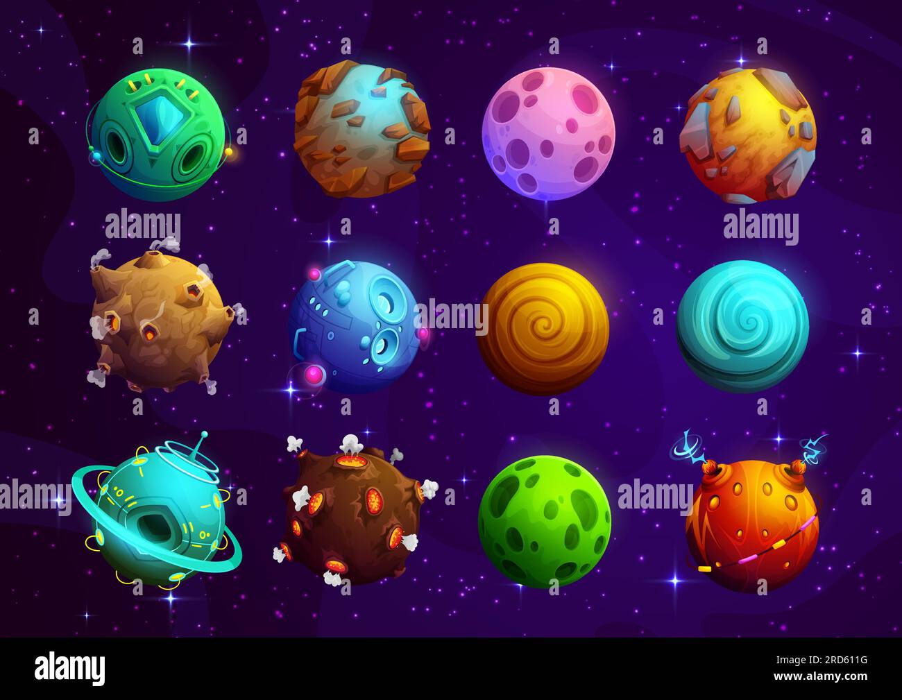 Cartoon alien fantasy space planets. Vector cosmic world objects with ...