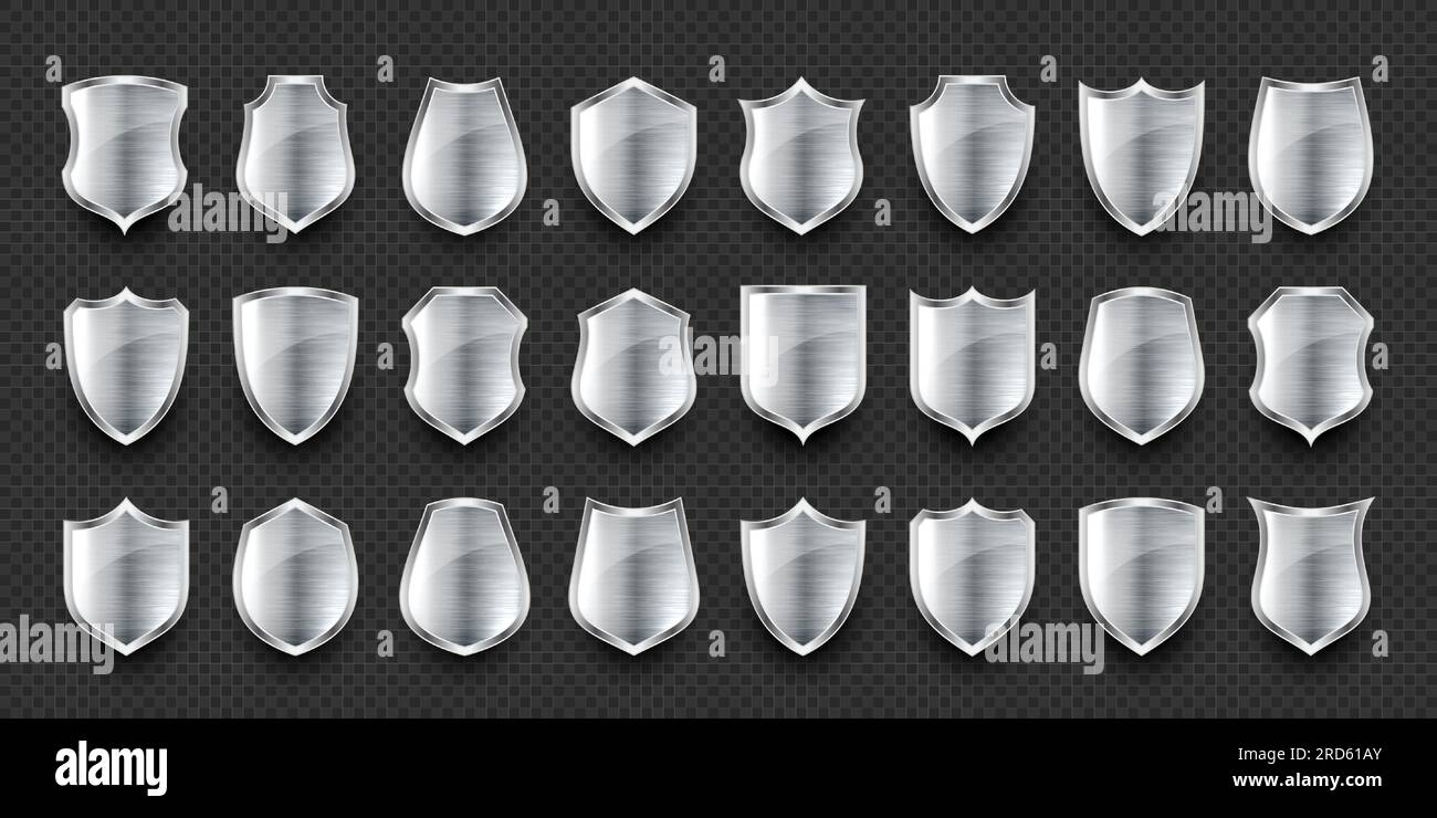 Set of various vintage 3d metal shield icons. Shiny steel heraldic shields. Black protection and ...