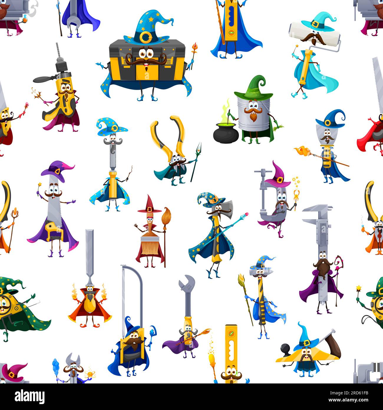 Cartoon tools wizard and warlock characters seamless pattern. Textile ...