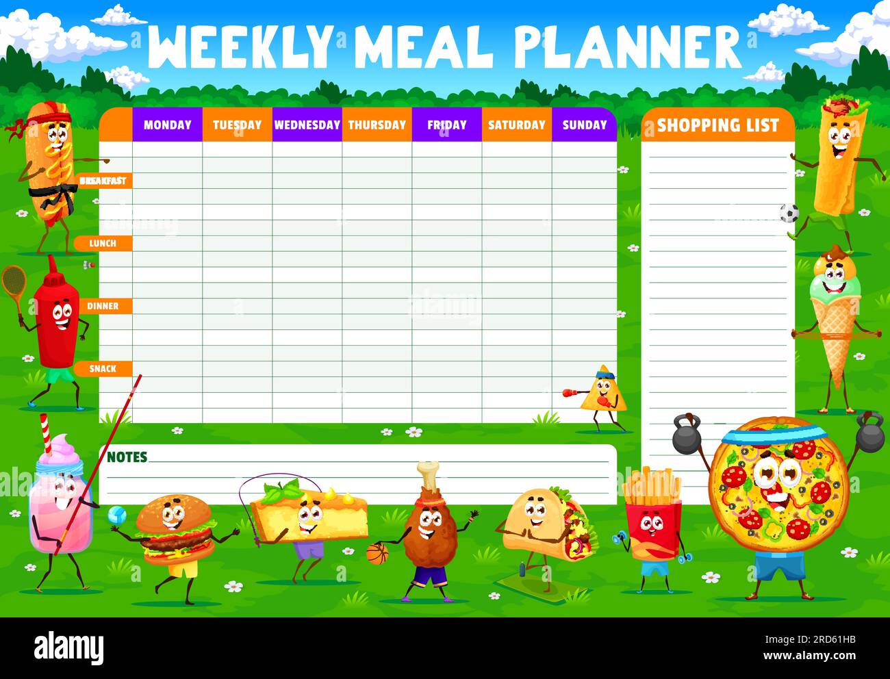 Weekly meal planner. Cartoon fast food characters on sport vacation ...