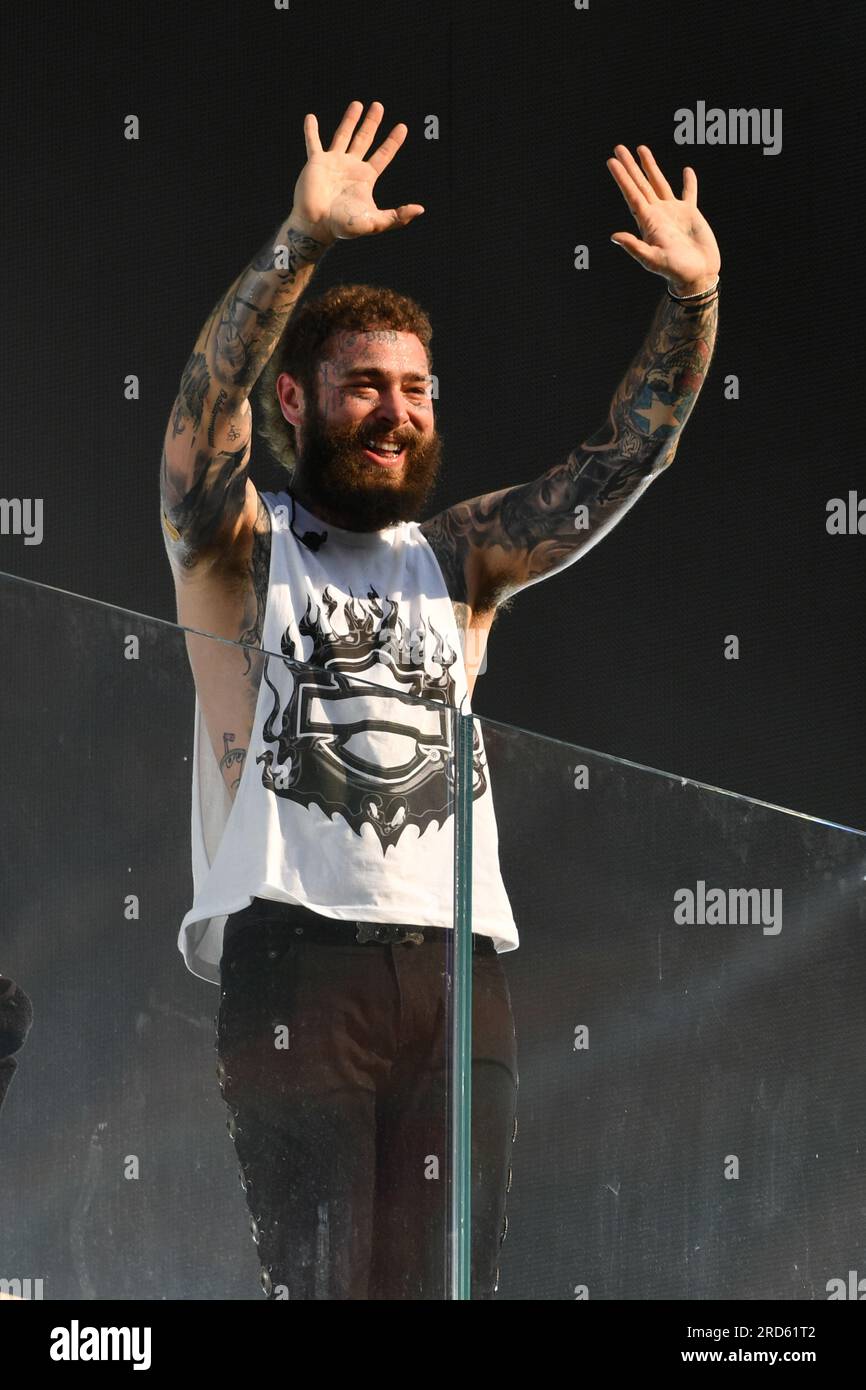 Post Malone performs a free concert on an outdoor stage at TSX Broadway ...