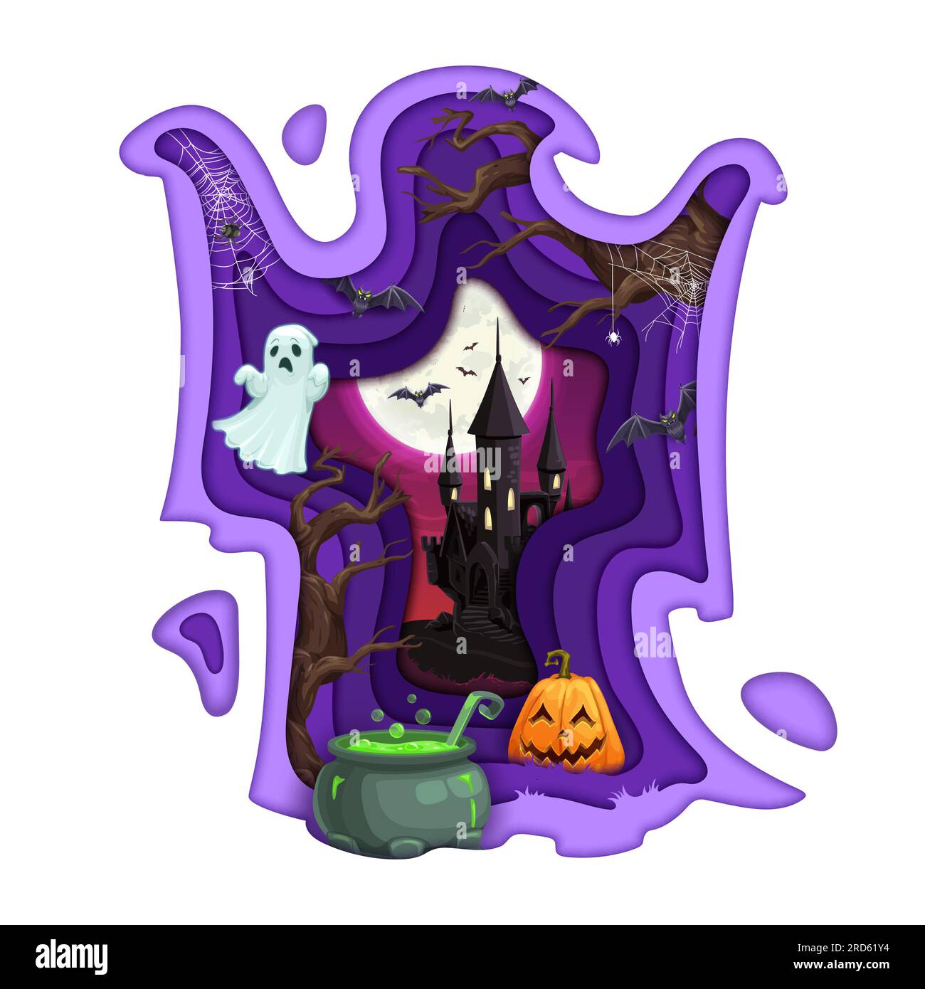 Halloween paper cut double exposition of ghost silhouette and midnight ...