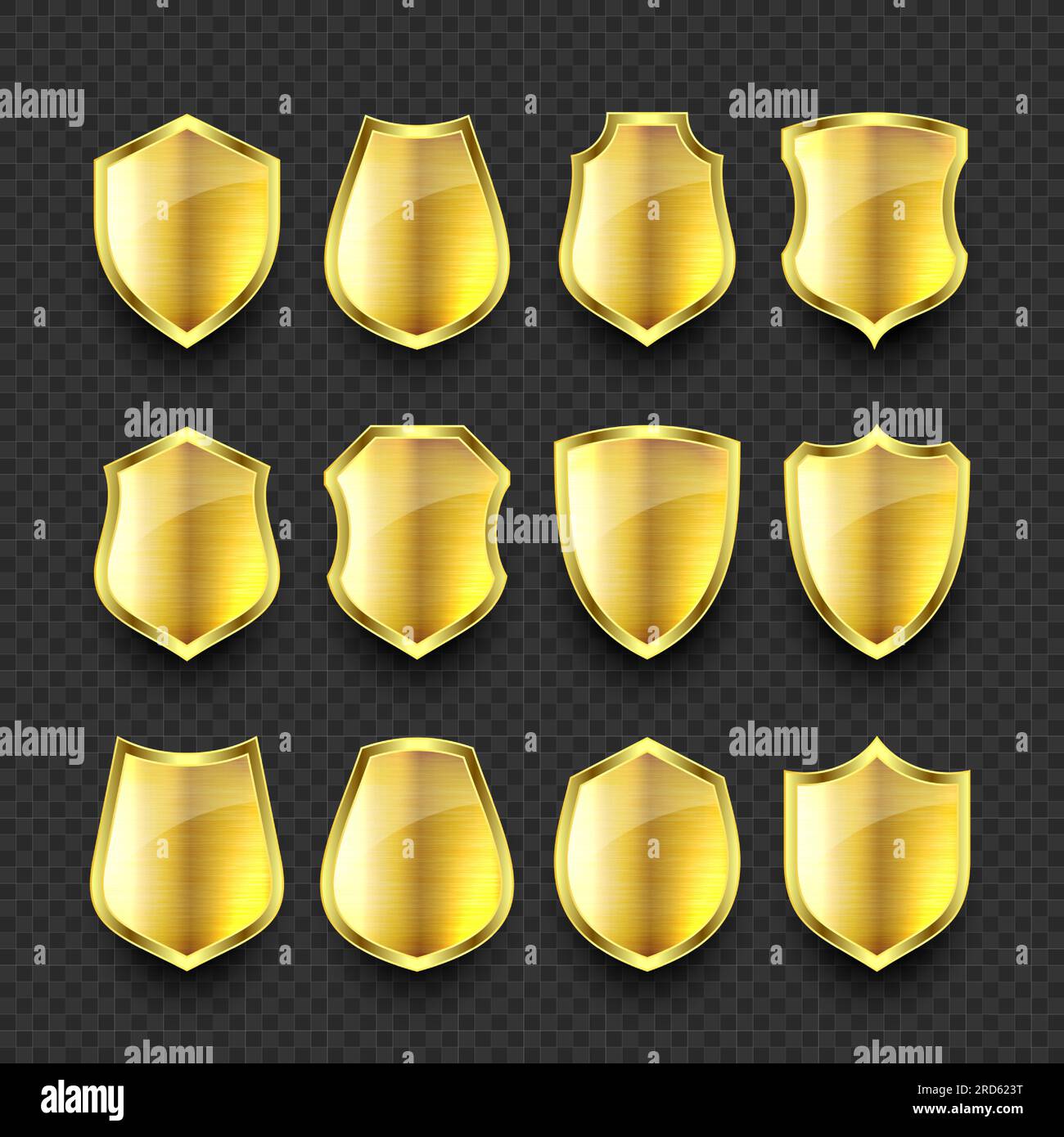 Set of various vintage 3d metal shield icons. Shiny golden heraldic ...