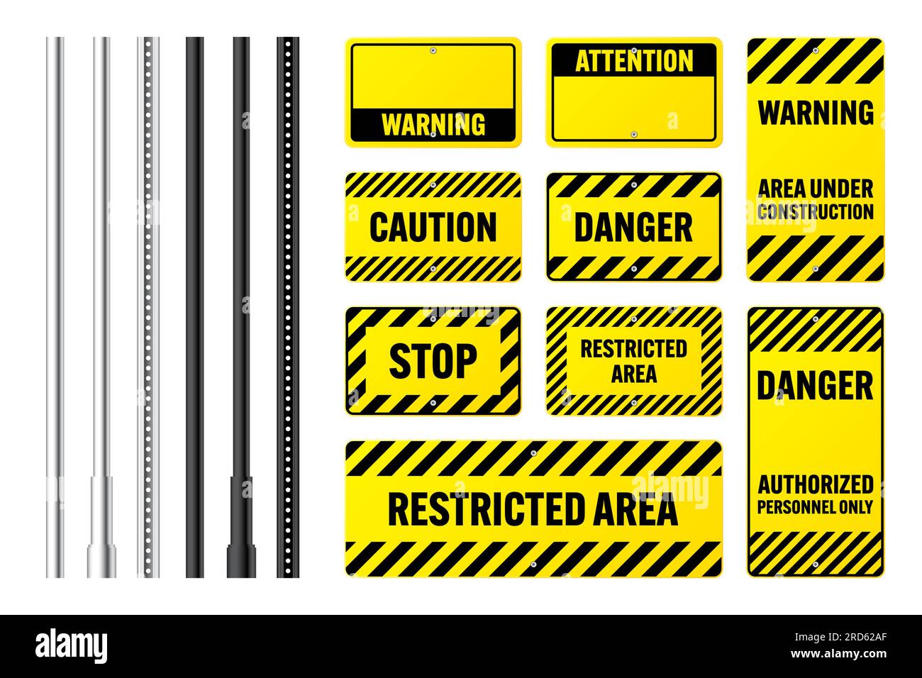 Warning, danger signs, attention banners with metal poles. Yellow ...