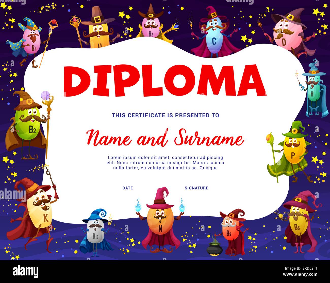 Halloween kids diploma with vitamin and micronutrient mage and warlock ...