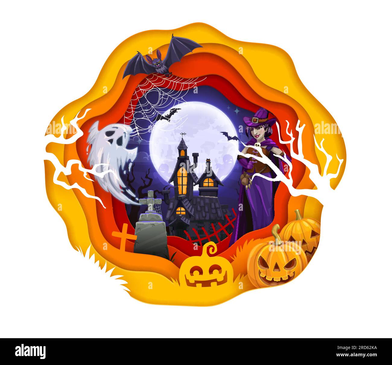 Halloween paper cut landscape with castle, ghost, witch and cemetery ...