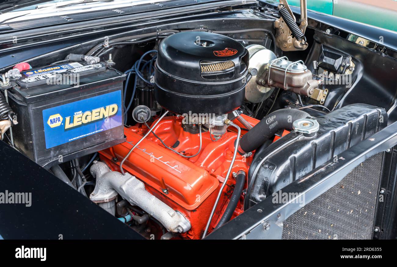 A Chevrolet engine on display at a car show in Homestead, Pennsylvania ...