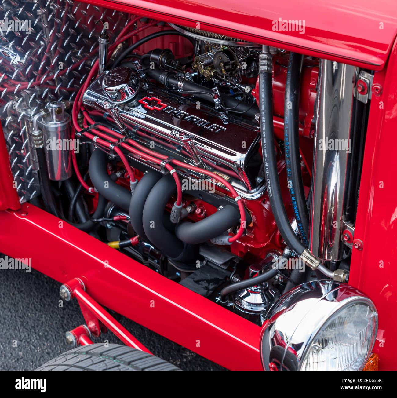 A Chevrolet engine on display at a car show in Homestead, Pennsylvania ...