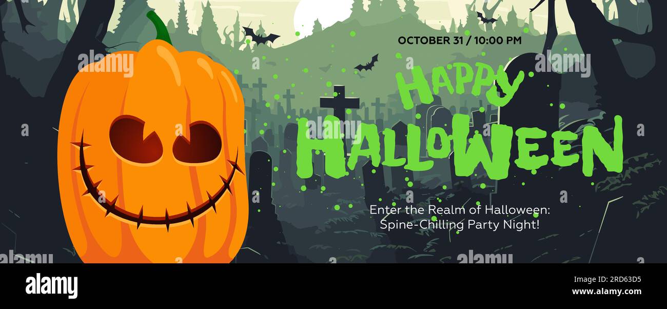 Happy Halloween All Saints Eve banner with spooky face pumpkin in ...