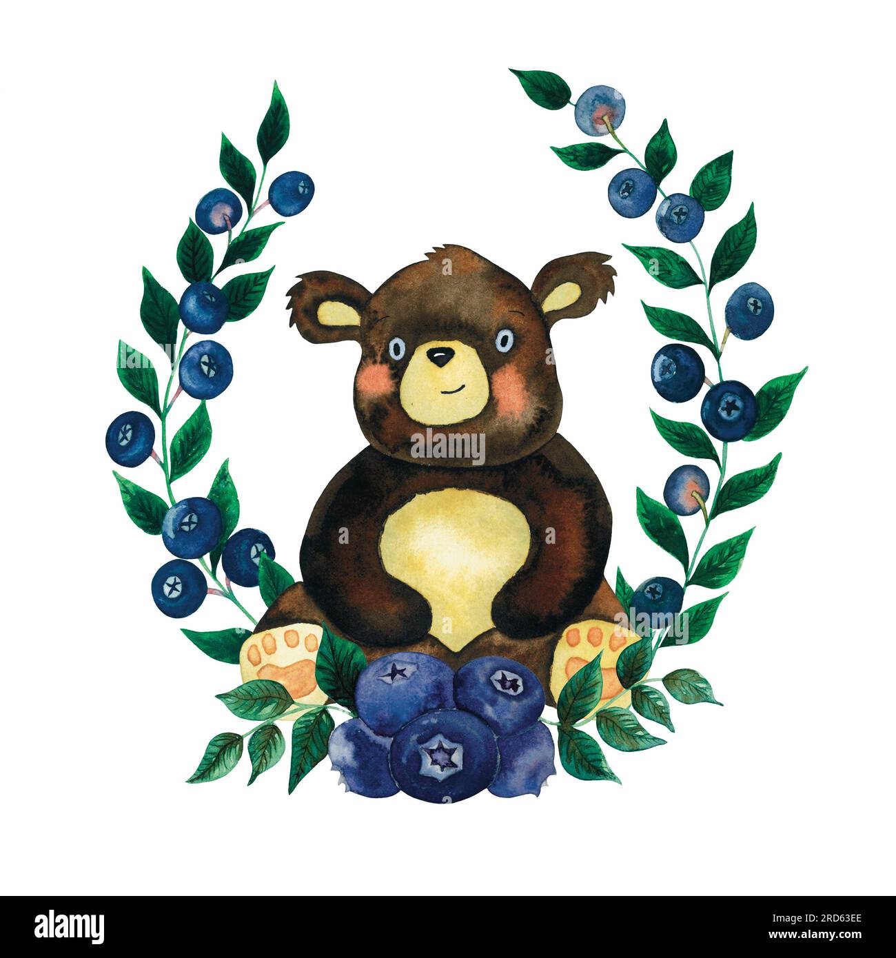 Watercolor bear in a blueberry wreath with branches and berries. Cute ...
