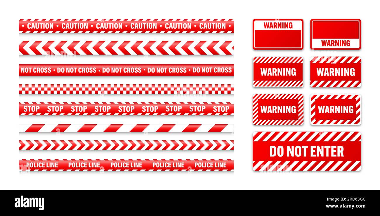 Various barricade construction tapes and warning shields. Red police ...