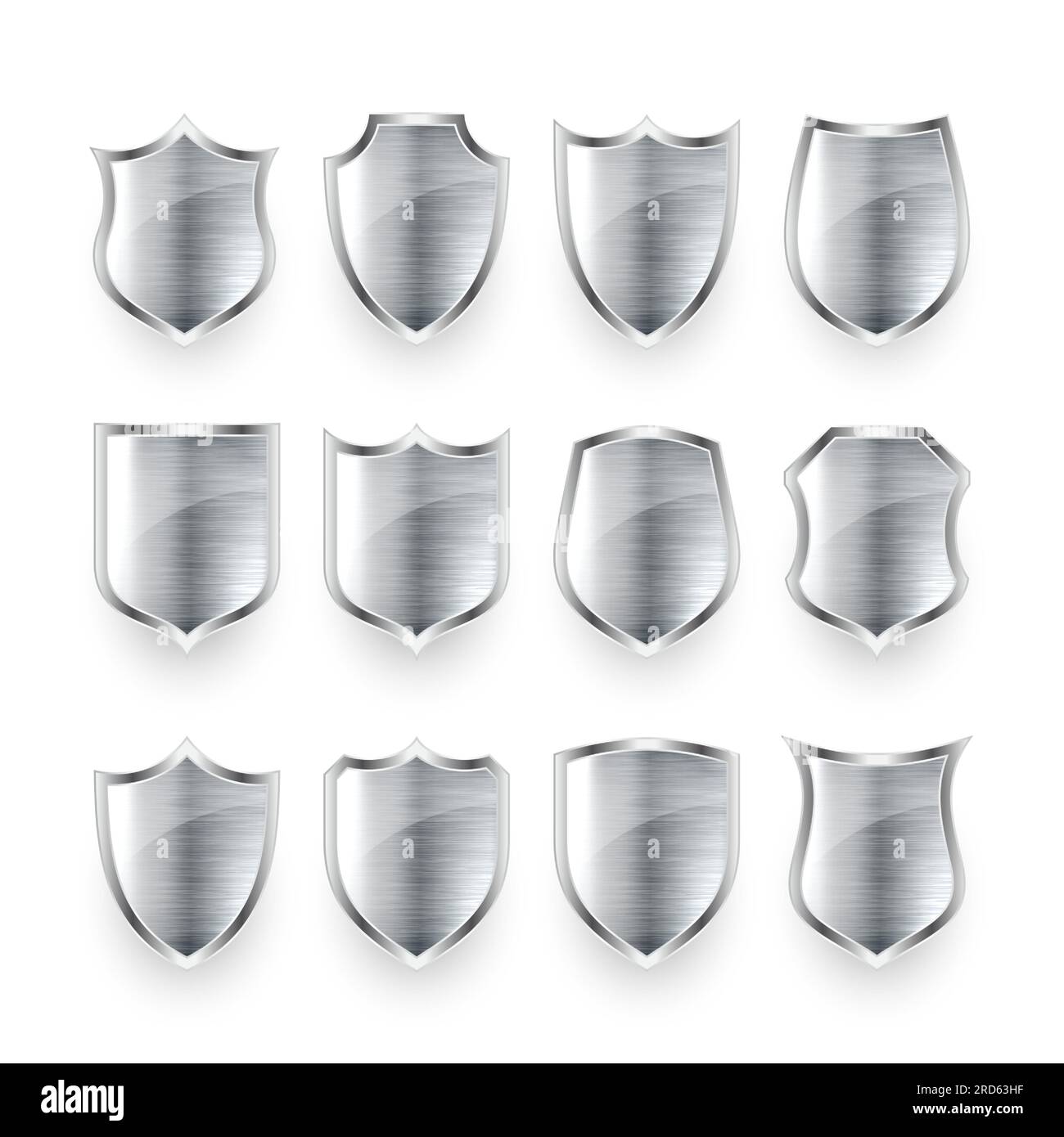 Set of various vintage 3d metal shield icons. Shiny steel heraldic ...