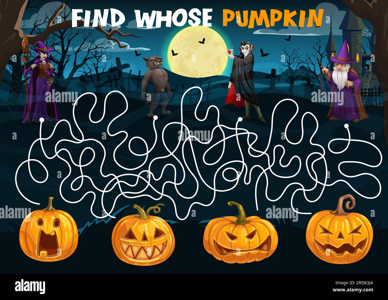 Halloween labyrinth maze. Help to cartoon characters find the pumpkin ...