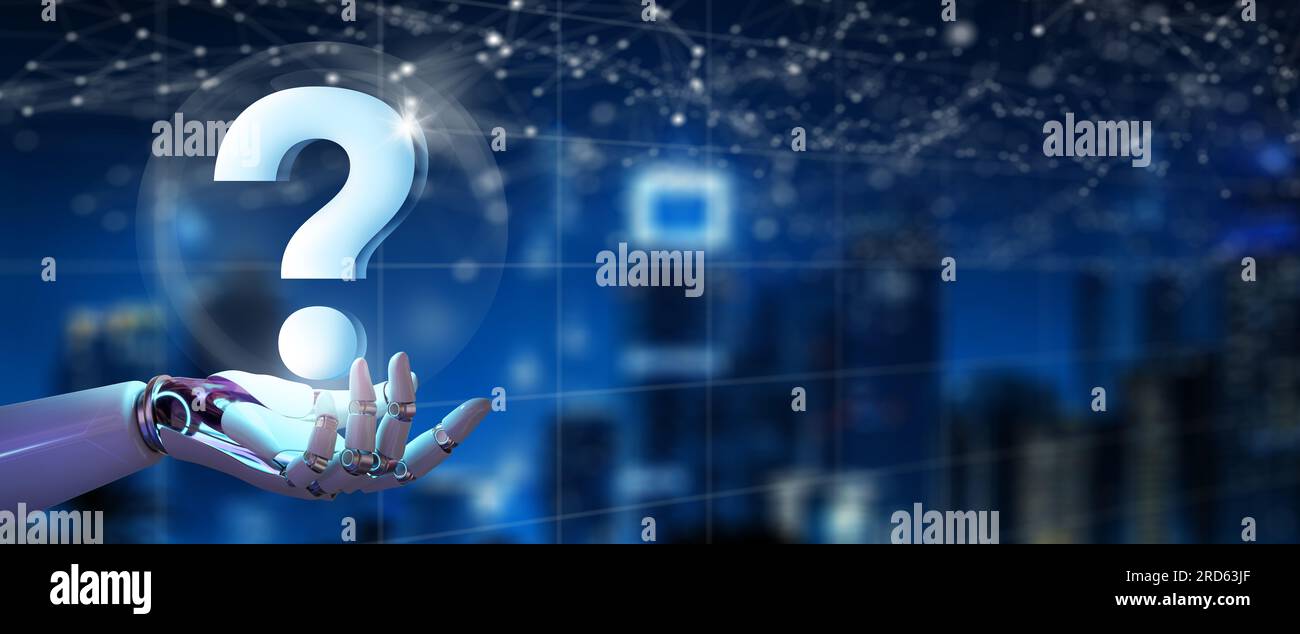 Ai Robot hand hold digital question mark. Double Exposure of Night City ...