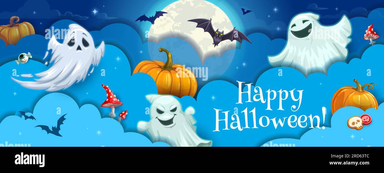Halloween paper cut cartoon flying ghost monsters. Vector holiday party ...