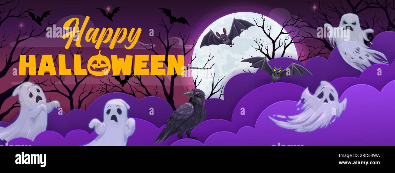 Halloween paper cut with clouds, ghosts and bats. Vector 31 october ...