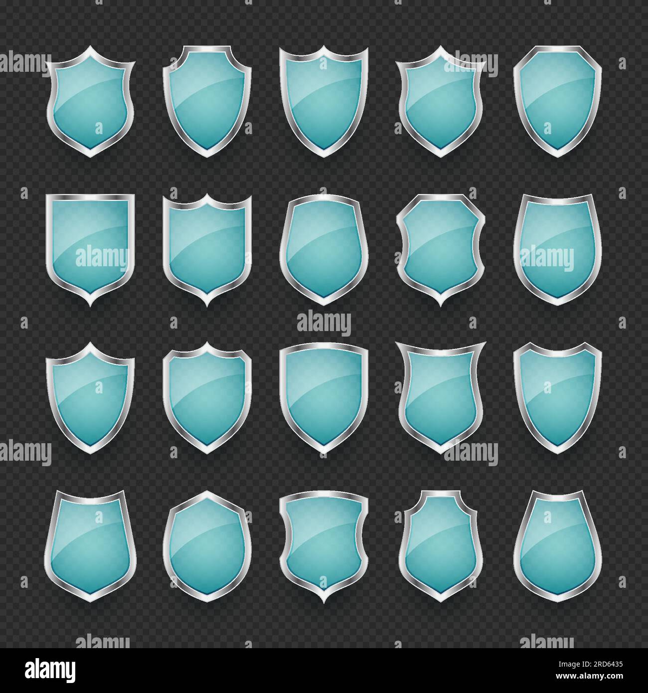 Set of vintage glass 3d shield icons. Blue heraldic shields. Black ...