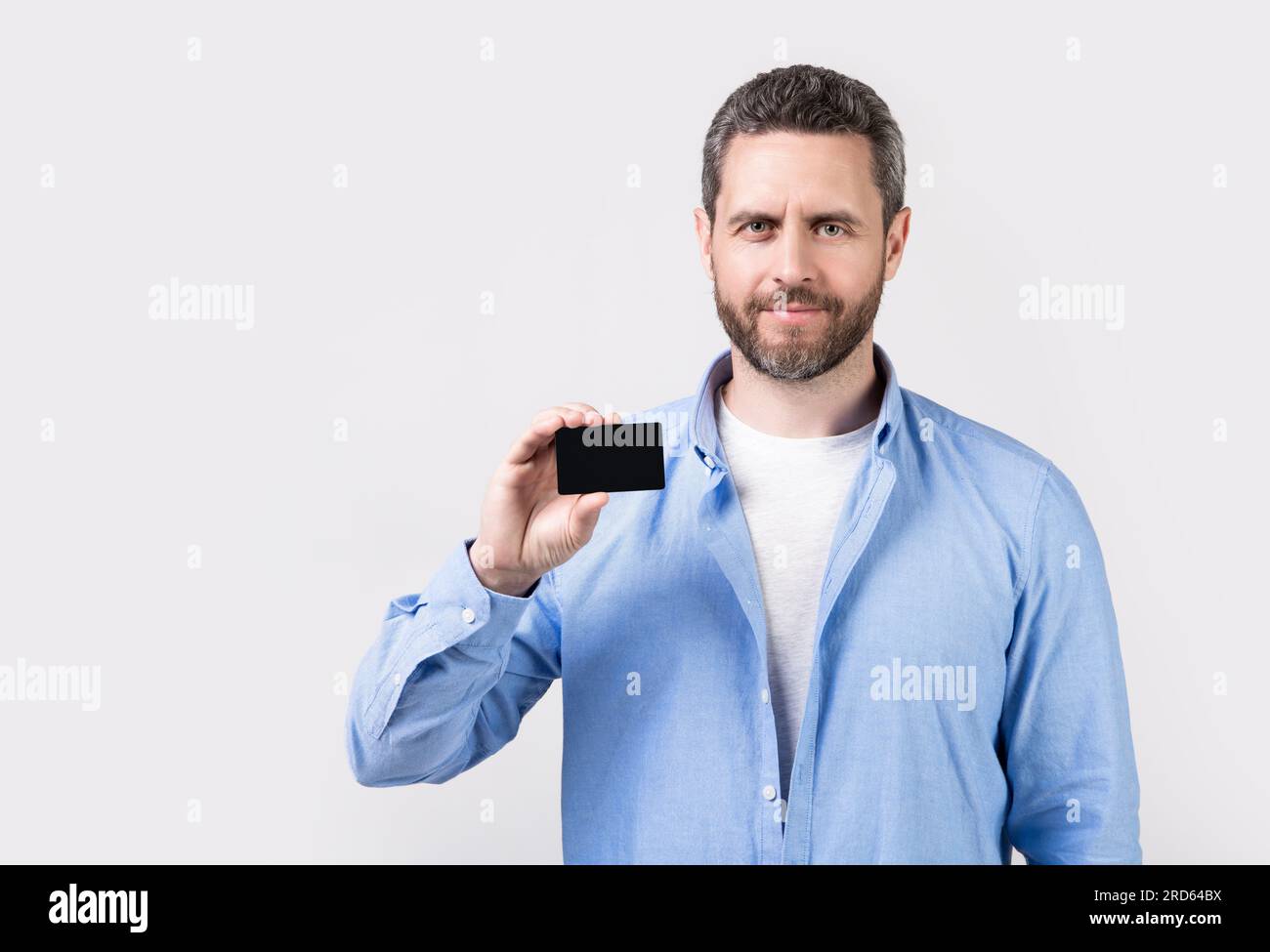 man show business card isolated on studio background with copy space ...