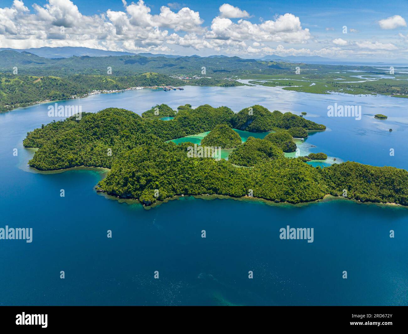Aerial view of Tinago Island with lagoons. Blue sea with beautiful ...