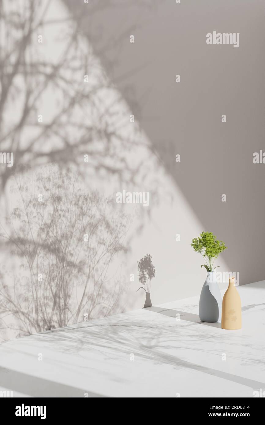Simple monotone background with vases, tree shadows and natural light ...