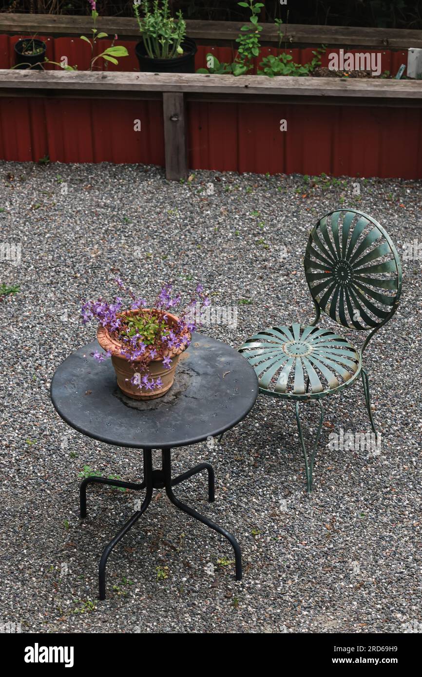 Vintage metal chair and table on the backyard, cottage core aesthetic ...