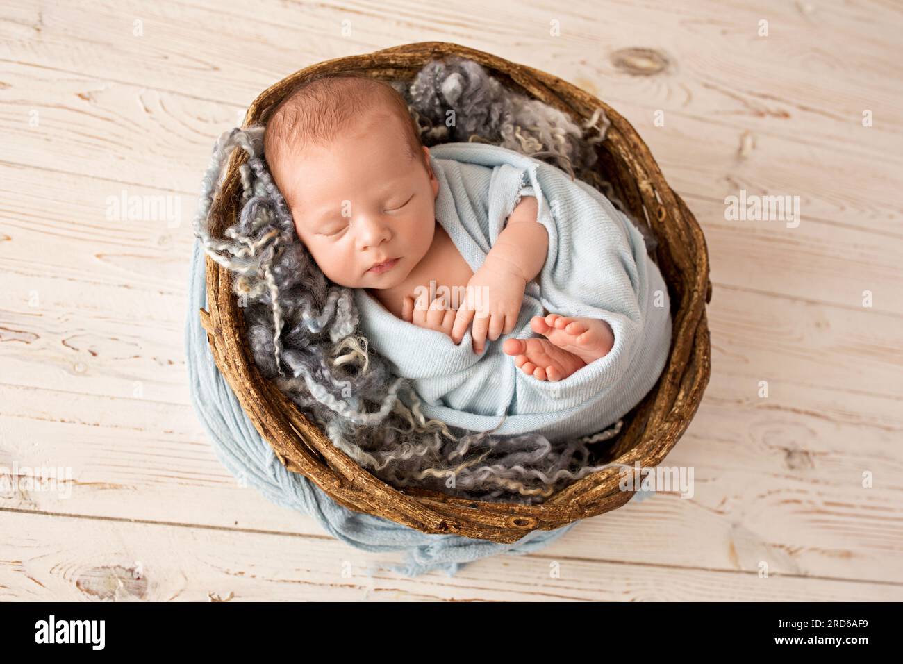 A cute newborn boy in the first days of life sleeps in a blue winding ...