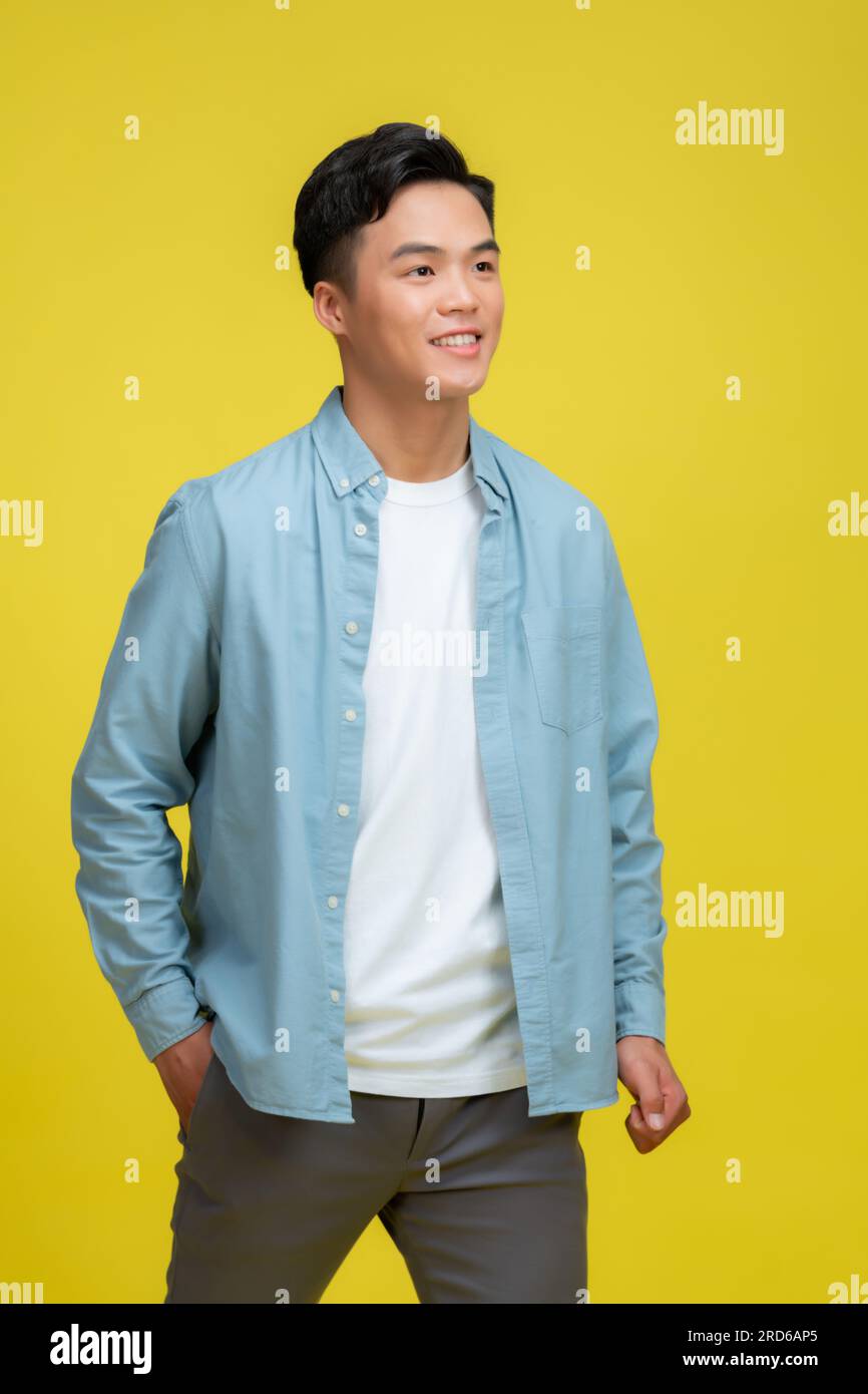 smiling young handsome Asian man standing with one hand in pocket ...