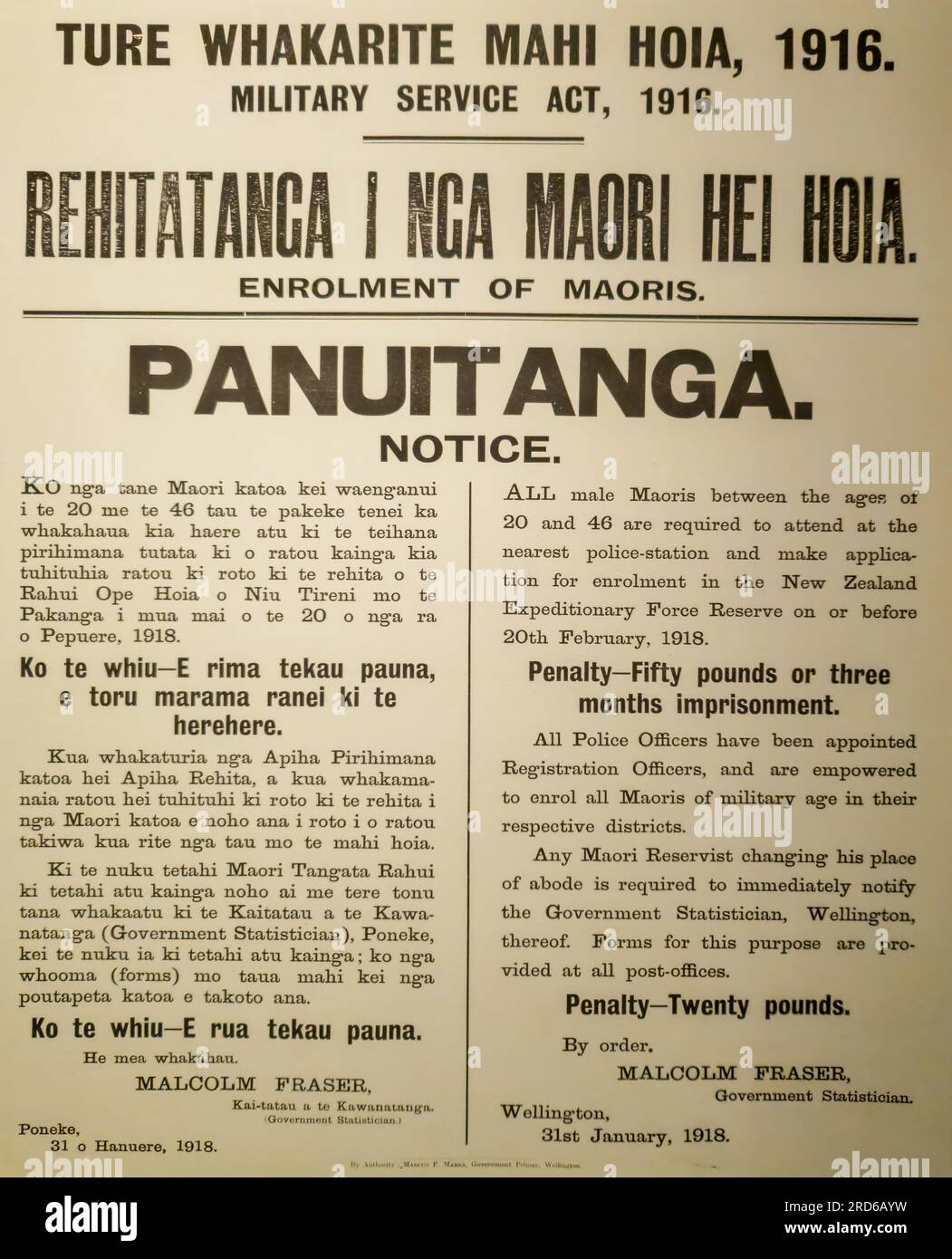 Waitangi, New Zealand - July 3, 2023: A conscription notice, issued to ...