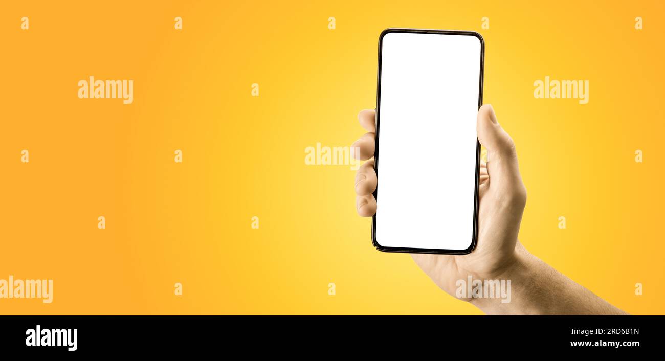 Man hand holding black cell phone, modern smartphone with blank white ...