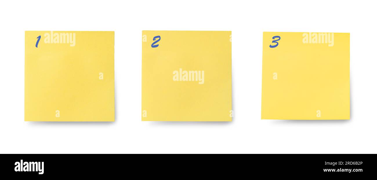 instruction mockup. 1, 2, and 3 order numbers on blank yellow sticky ...