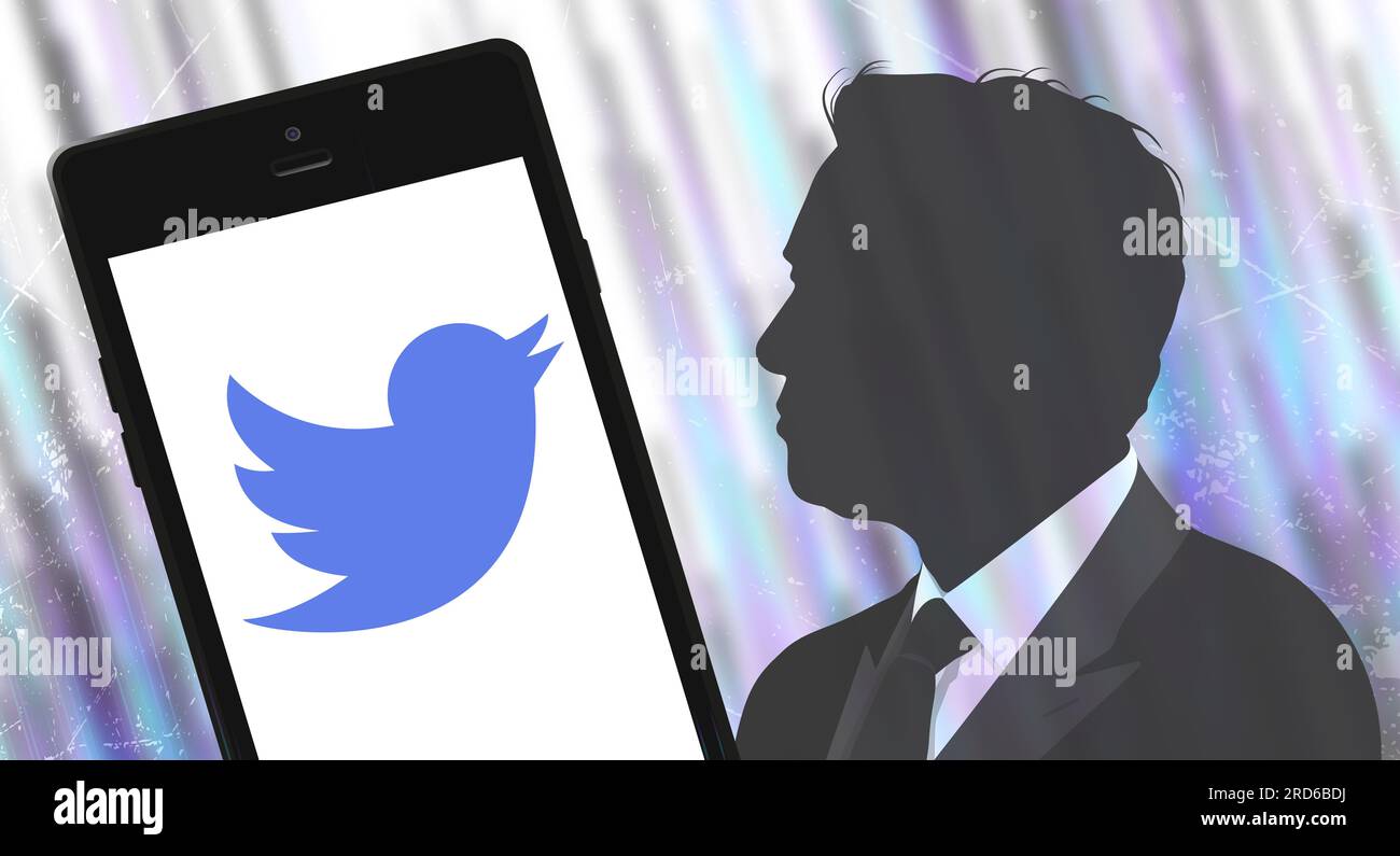 Twitter logo on phone screen and a portrait of Elon Musk Stock Photo ...