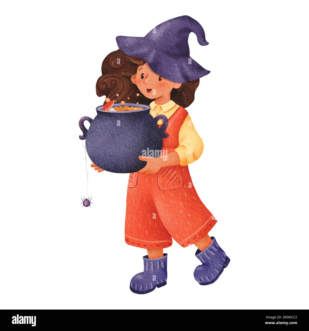 Watercolor illustration of cute witch. Funny cartoon character. Magic ...