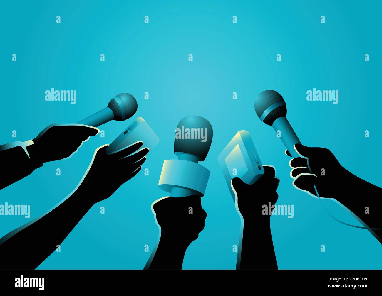 Vector illustration of hands holding microphones and recorders ...