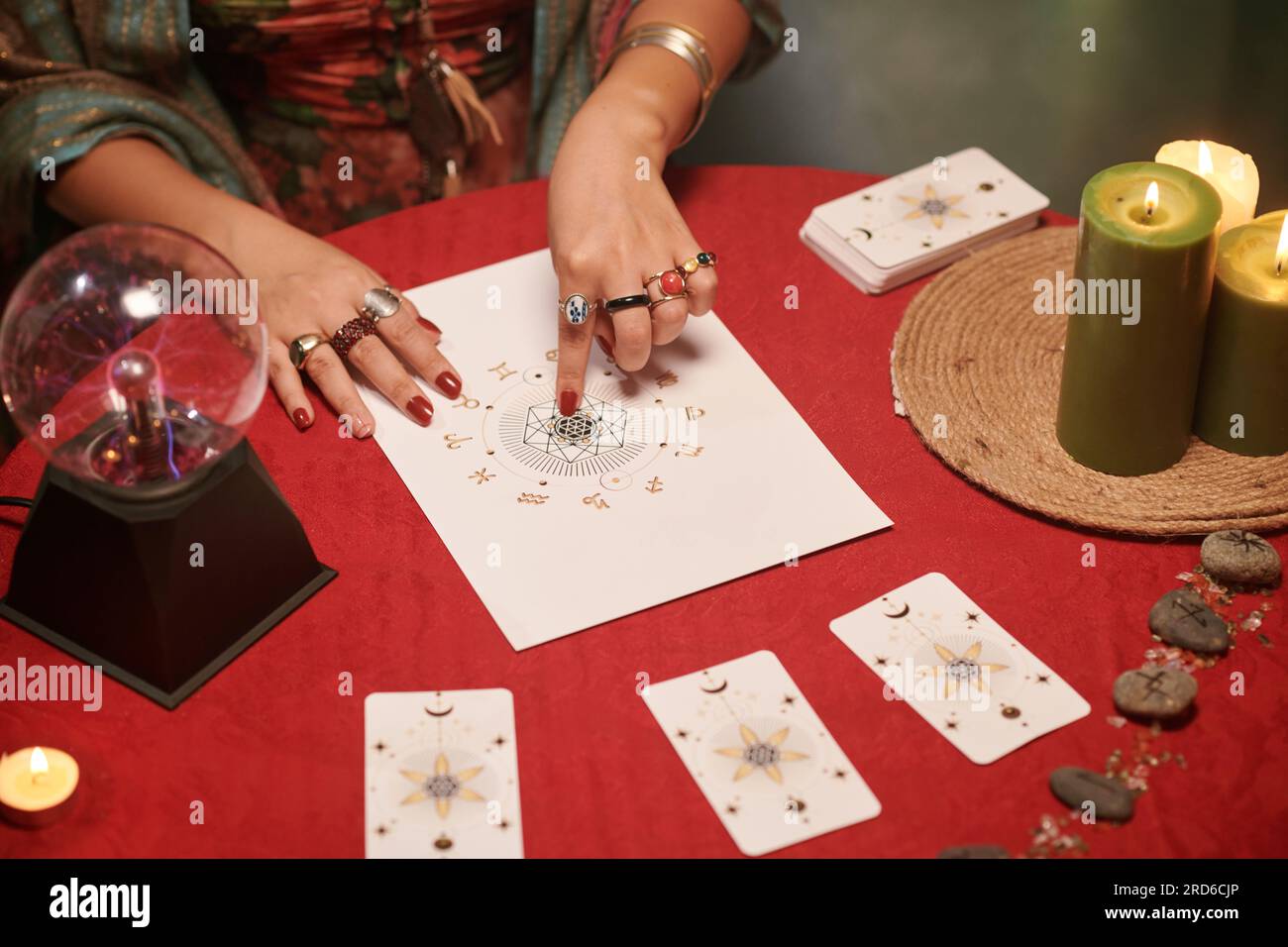 Hands of fortune teller pointing at natal chart of client to reveal his ...