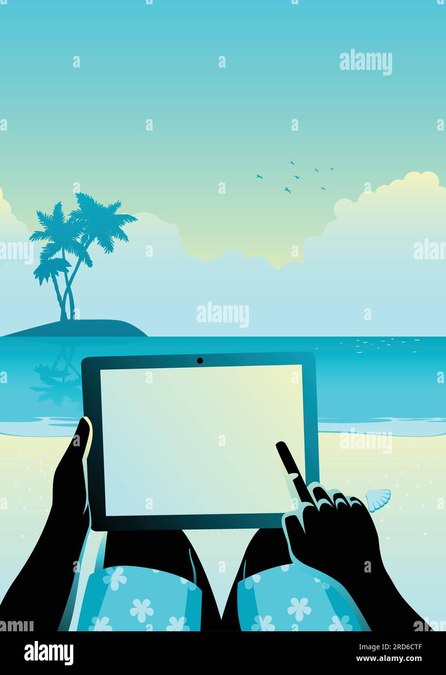 Business concept vector illustration of a man using tablet computer on ...