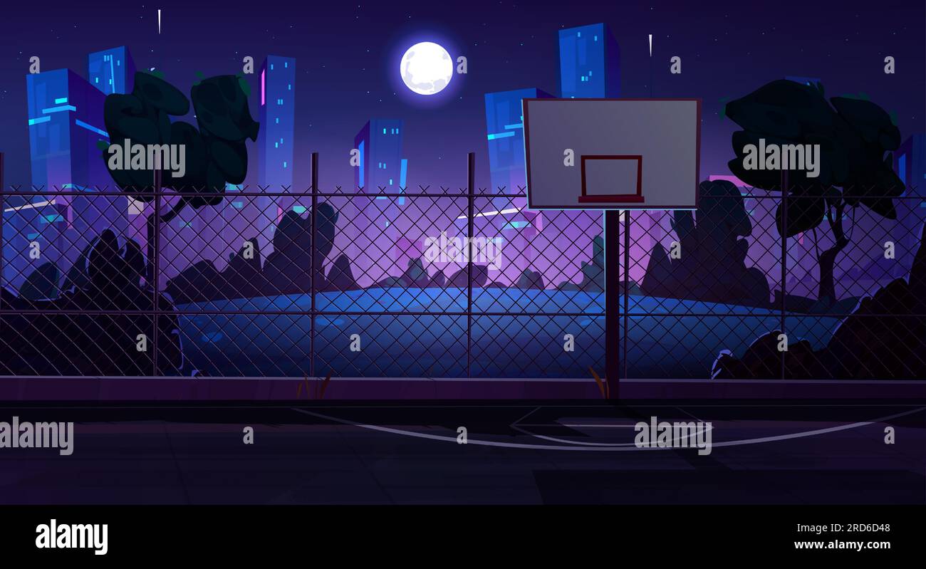 Night street basketball court cartoon background. School outdoor ...