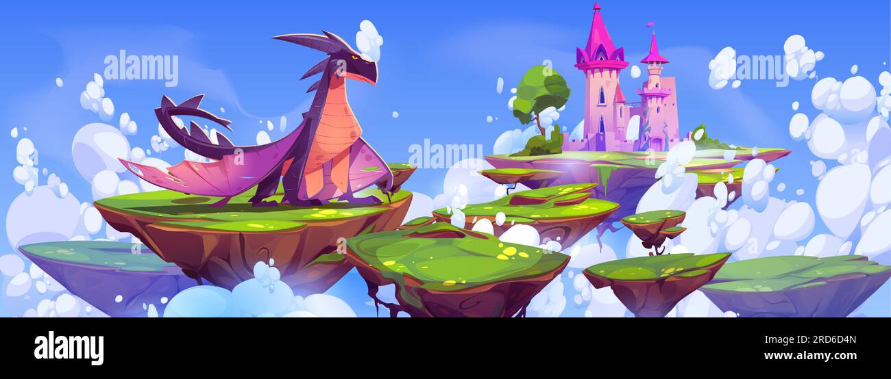 Fantasy castle and magic dragon floating on islands in sky. Vector ...