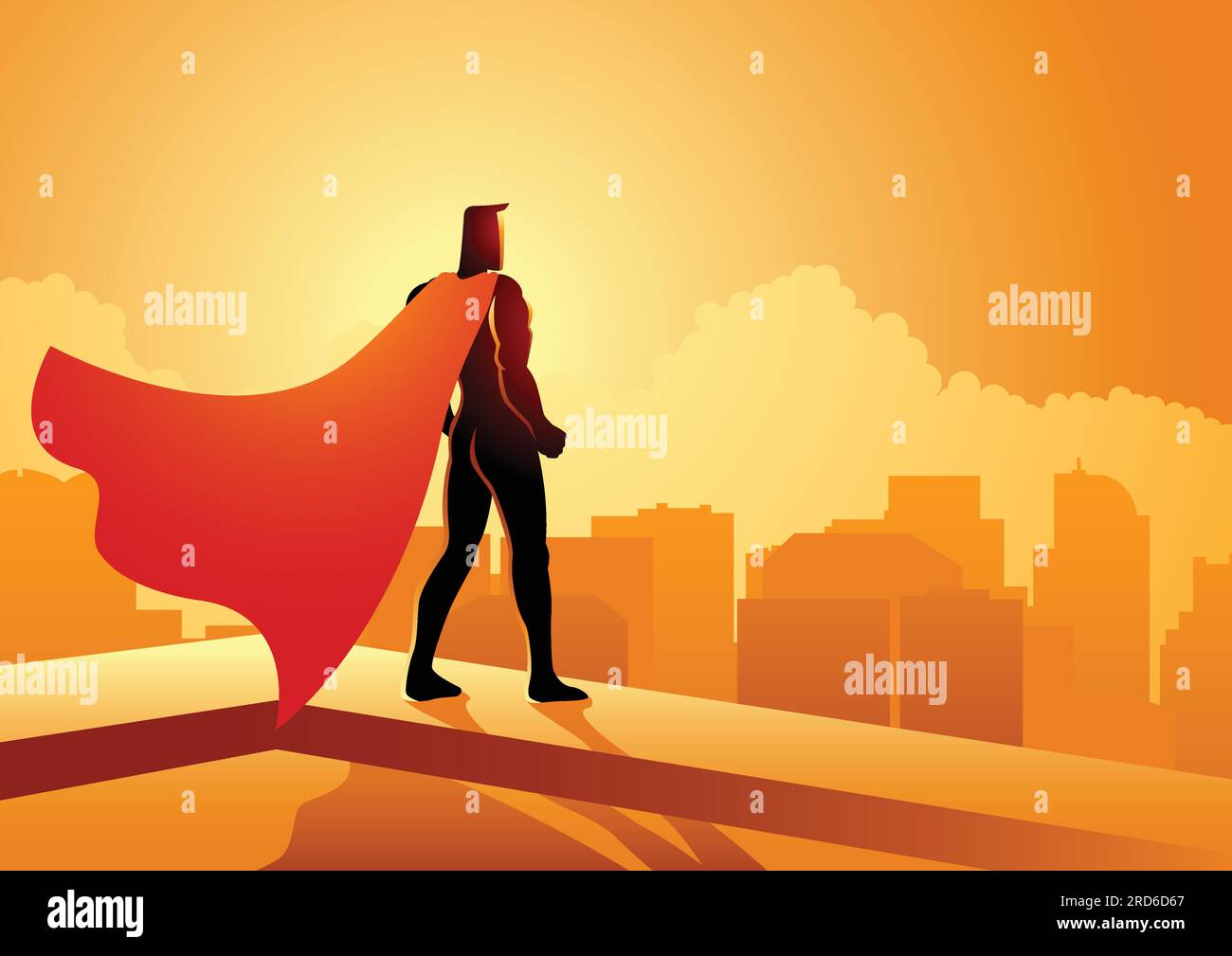 Cartoon silhouette of a superhero standing on the edge of a building ...