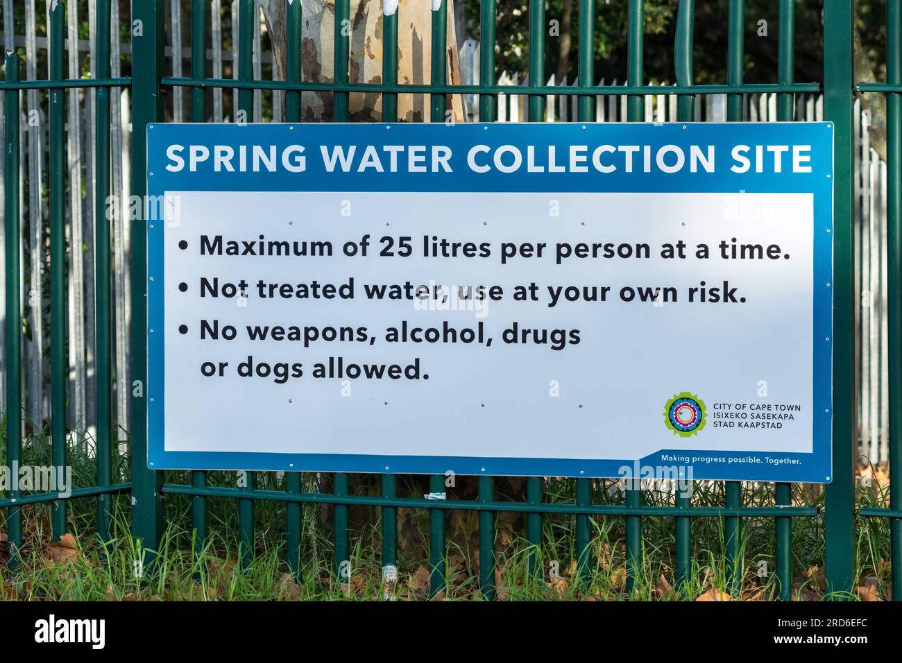 Spring water collection site sign board or signage during Cape Town ...