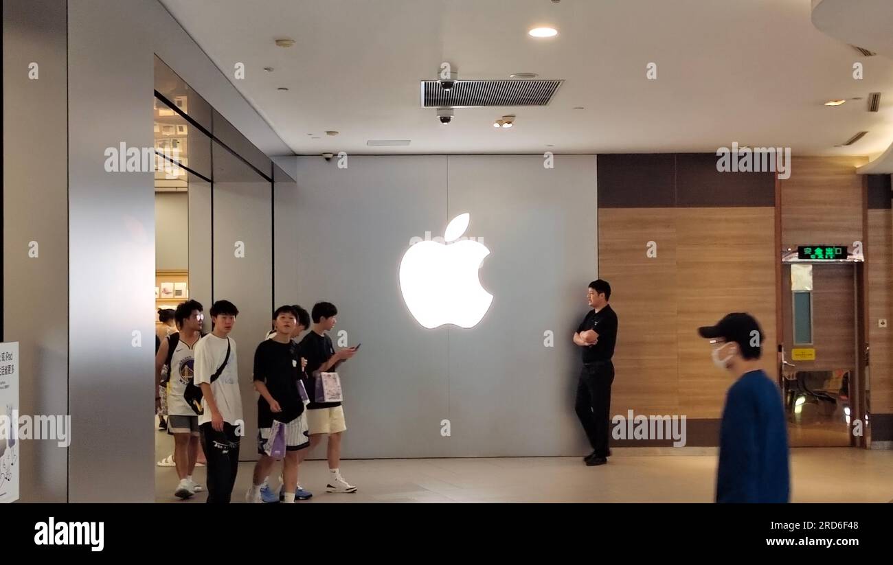 SHANGHAI, CHINA - JULY 18, 2023 - Visitors shop at the Apple Flagship ...