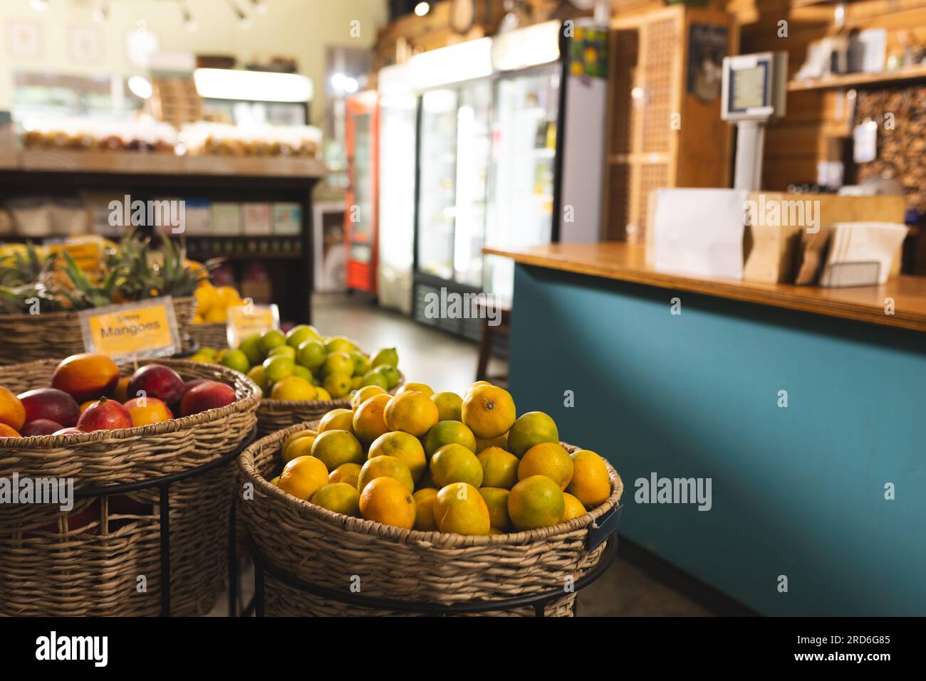 General view of health food organic grocery shop with counter and boxes ...